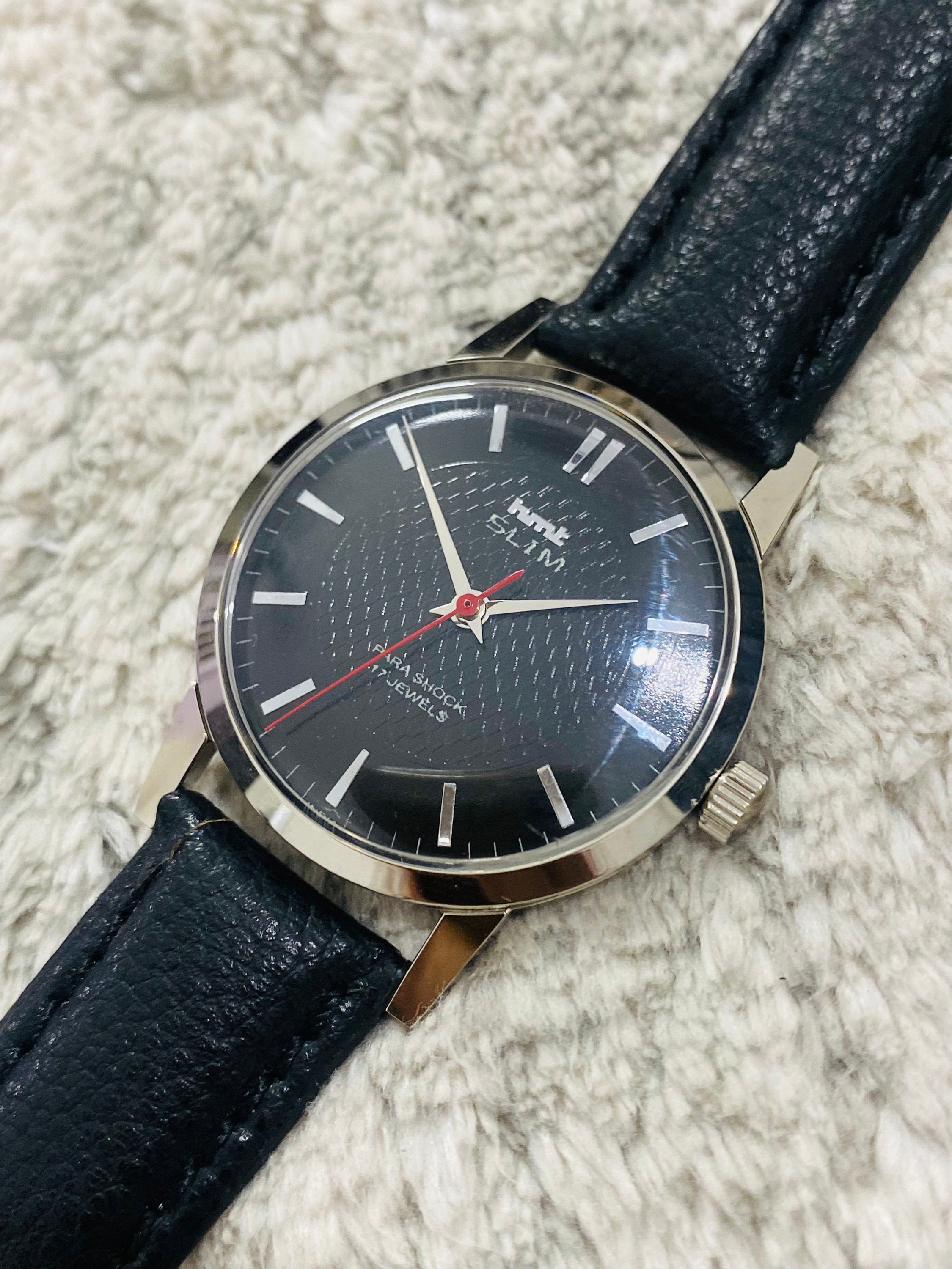 Vintage HMT Slim Mechanical Handwinding 17jewels Black Dial Wrist Watch ...