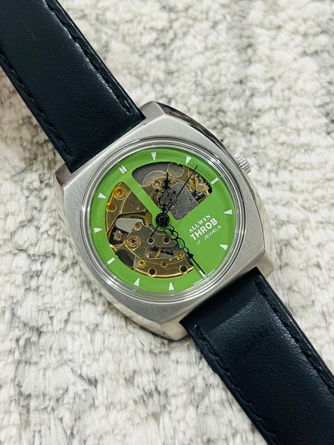 Vintage Allwyn Throb Green Dial 17jewels Automatic Skeleton Men's Wrist ...