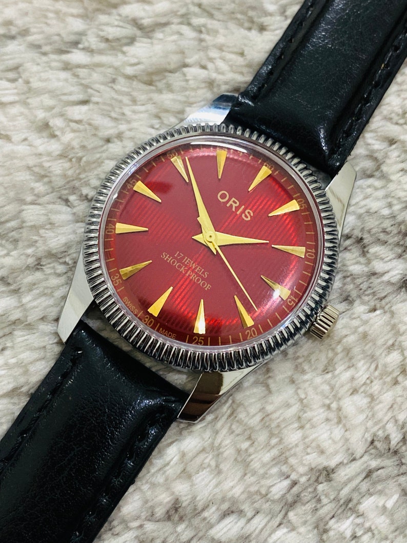 Rare Vintage ORIS Red Dial Hand Winding FHF Movement ST-96 Swiss Mens ...