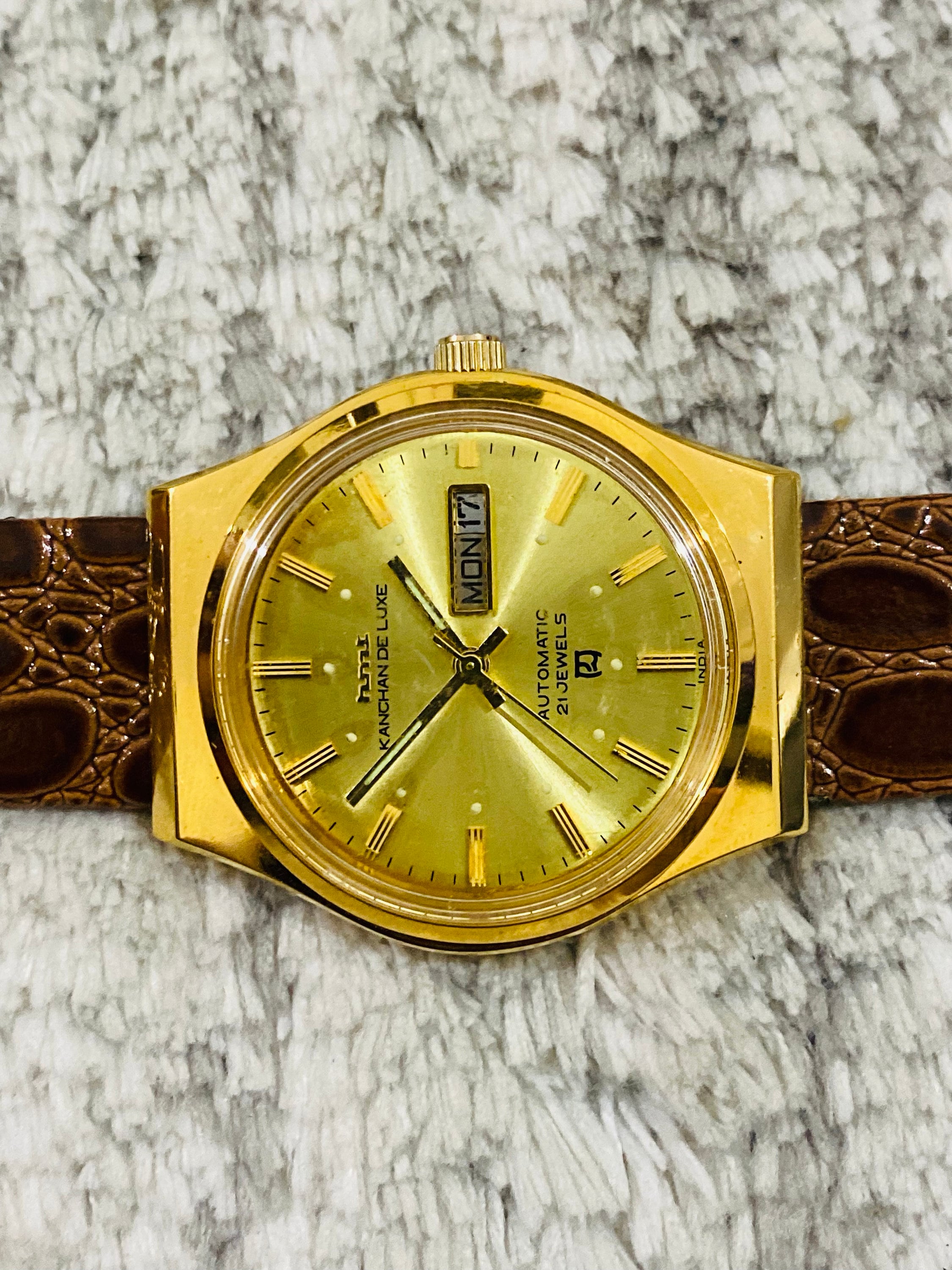 Vintage Rare HMT Kanchan Deluxe Golden Dial Mechanical Automatic Date ...