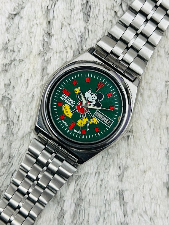 Vintage Seiko 5 Automatic Green Mickey Mouse Dial Day… - Gem