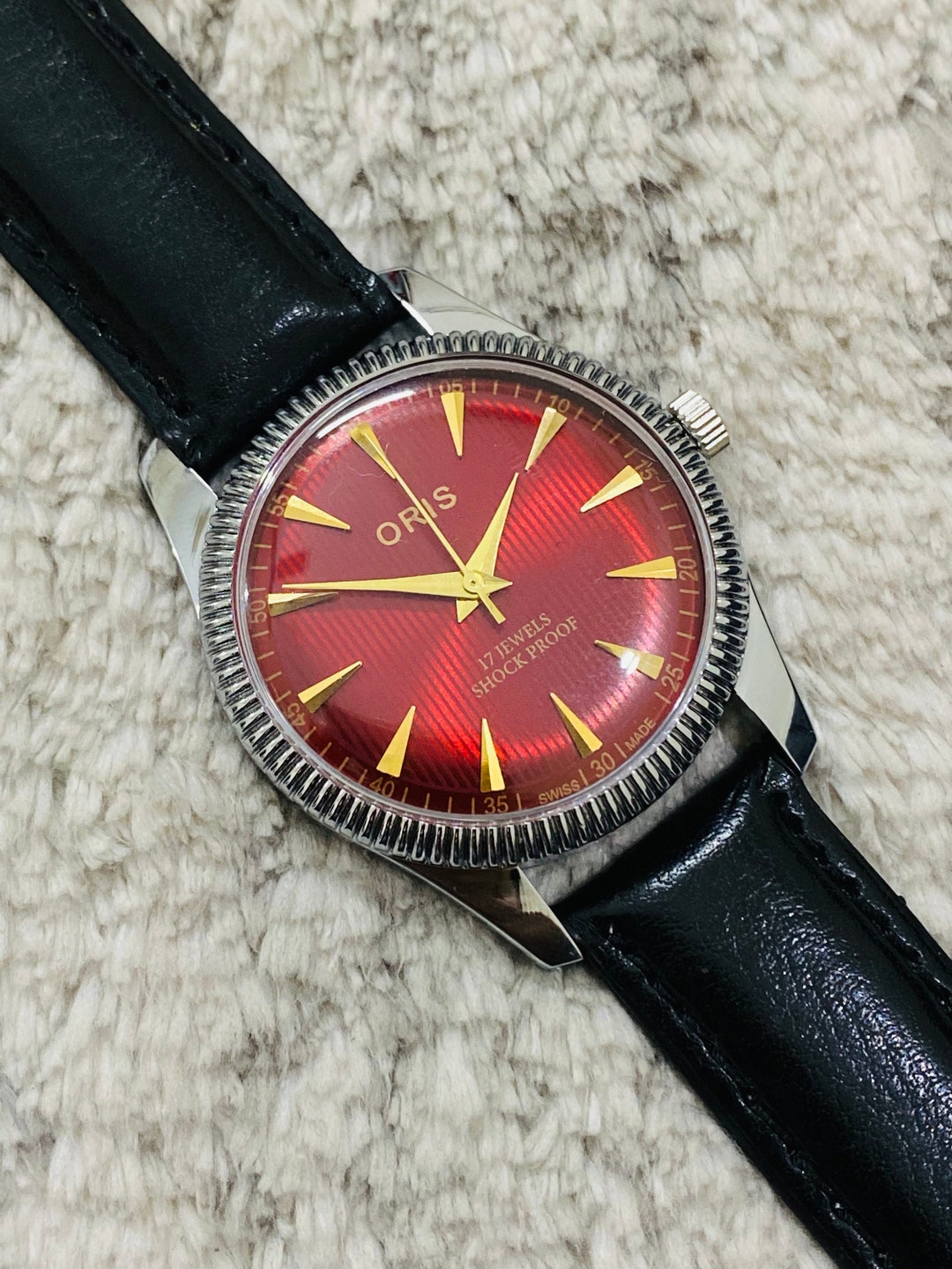 Rare Vintage ORIS Red Dial Hand Winding FHF Movement ST-96 Swiss Mens ...