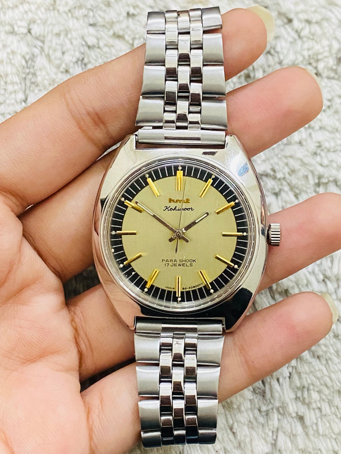 Vintage HMT Kohinoor Manual Winding Watch, Golden Dial, Stainless Steel ...