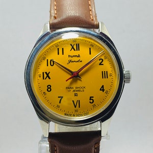 Vinatge Hmt Janata Mechanical Manual Winding Yellow Dial Roman Numerals ...