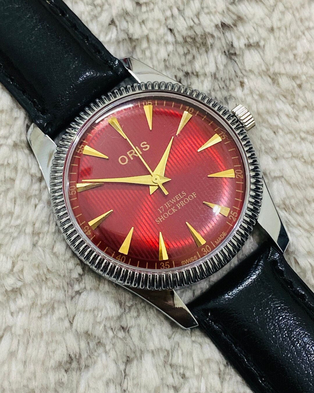 Rare Vintage ORIS Red Dial Hand Winding FHF Movement ST-96 Swiss Mens ...