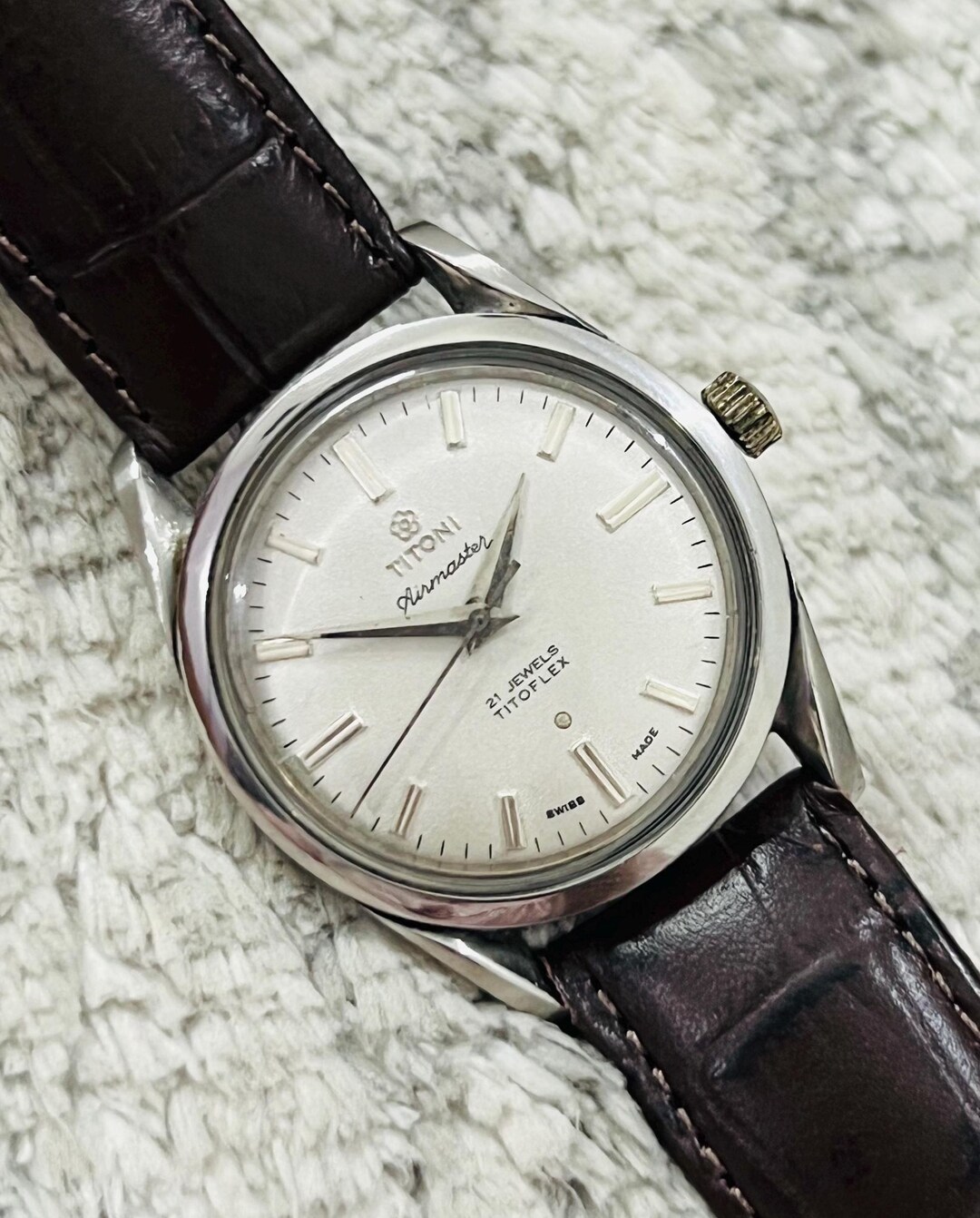 Vintage 1980s Titoni Airmaster 21jewels Titoflex Silver Dial Automatic ...