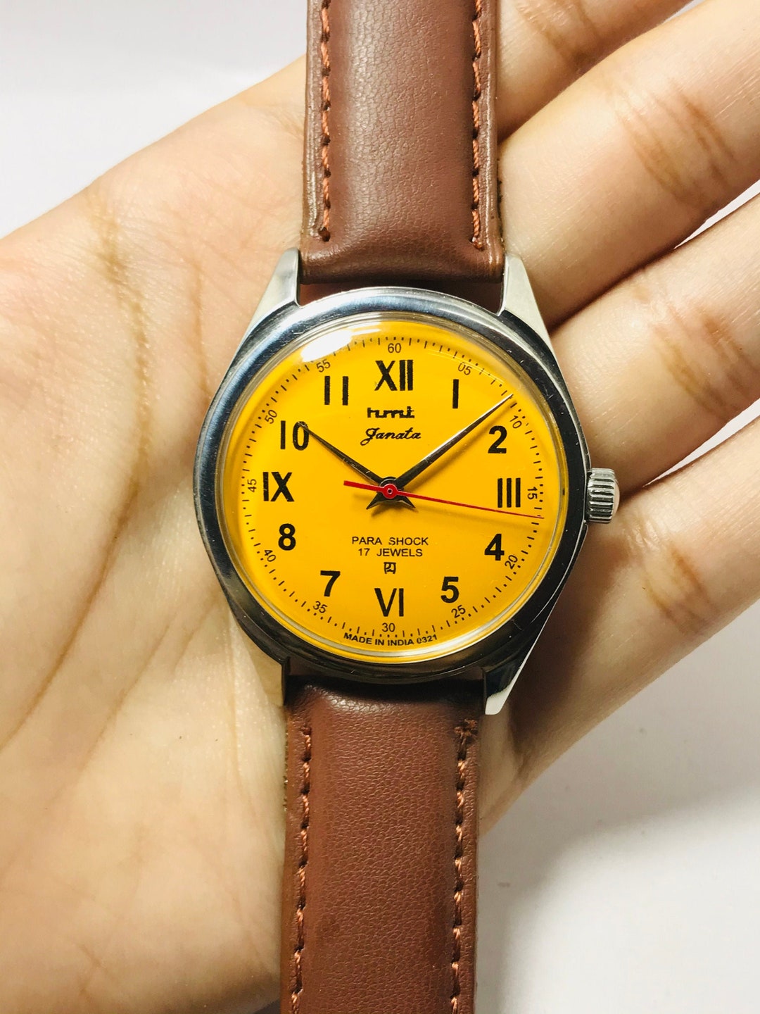 Vinatge Hmt Janata Mechanical Manual Winding Yellow Dial Roman Numerals ...