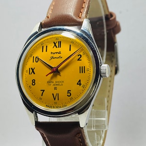 Vinatge Hmt Janata Mechanical Manual Winding Yellow Dial Roman Numerals ...