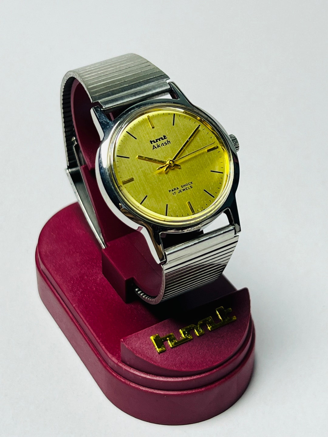 Vinatge NOS Hmt Akash Golden Dial Mechanical Manual Winding 17jewels ...