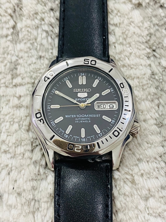 Vintage Seiko 5 Sports 100m Automatic 23Jewels Black … - Gem