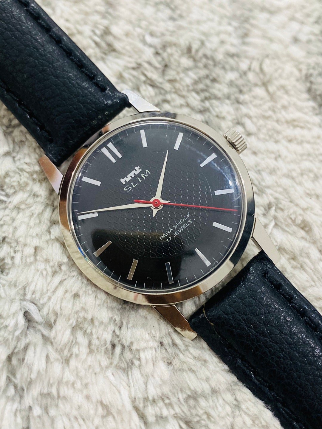 Vintage HMT Slim Mechanical Handwinding 17jewels Black Dial Wrist Watch ...