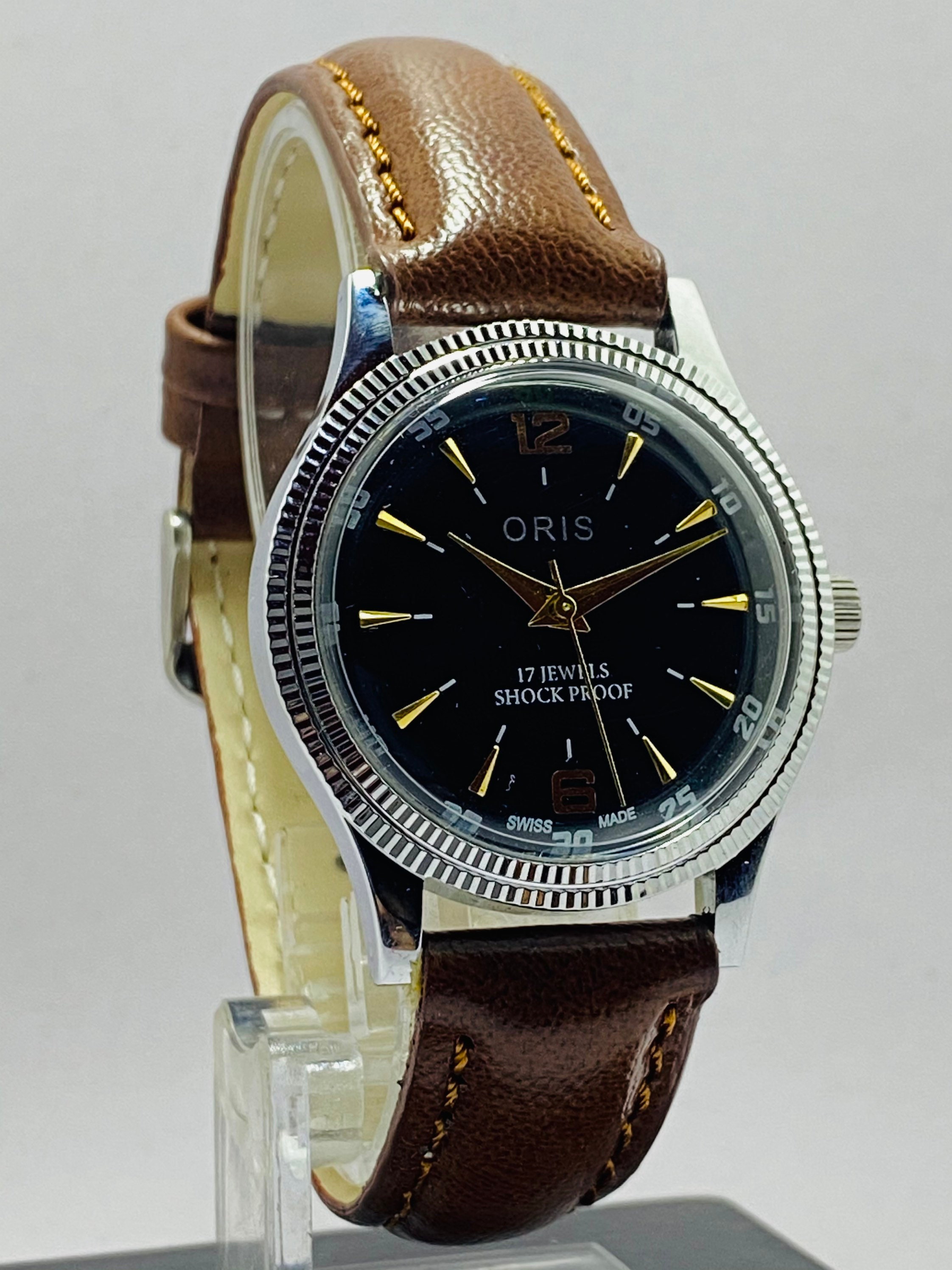 Rare Vintage ORIS Black Dial Hand Winding Wrist Watch Men's Gents FHF ...