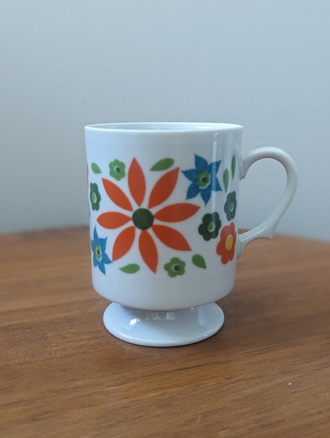 Vintage 1970s Pedestal Coffee Mug | 70s Floral Tea Cup | White Orange ...
