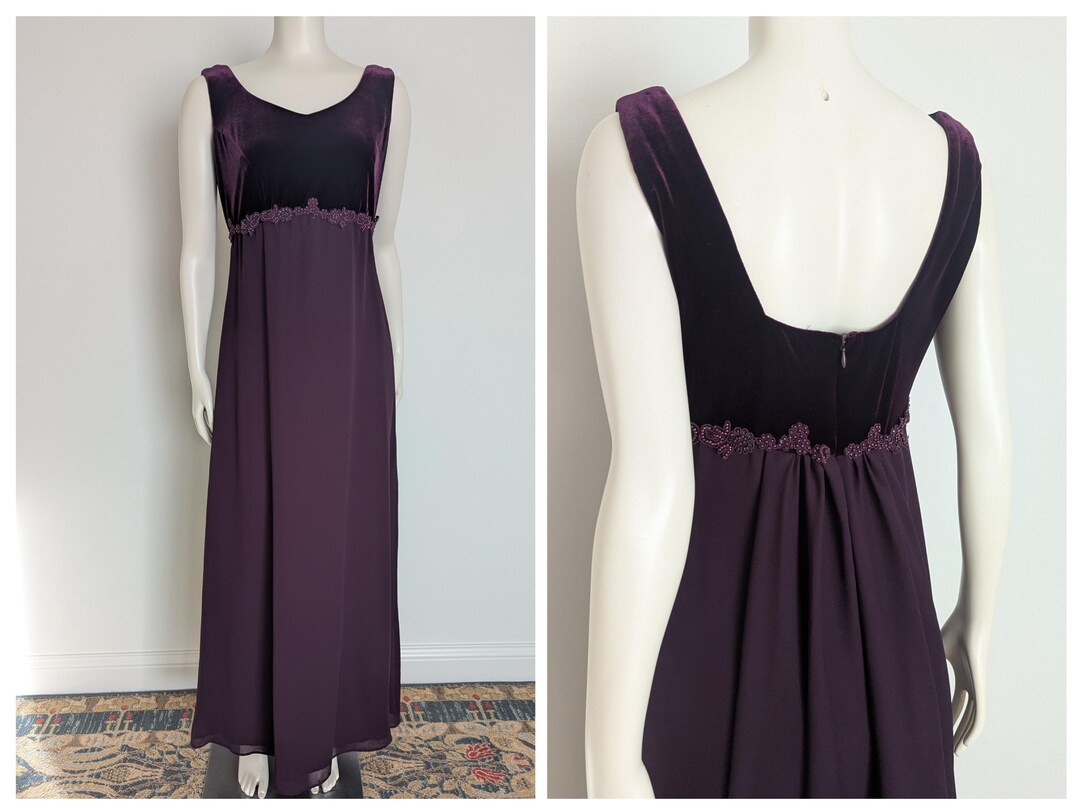 Vintage Plum Formal Gown 1990s | 90s Empire Waist Beaded Velvet Flowy ...