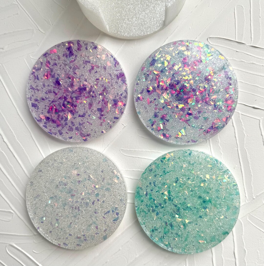 Holographic Iridescent Coaster Set White Glitter Resin Coasters With