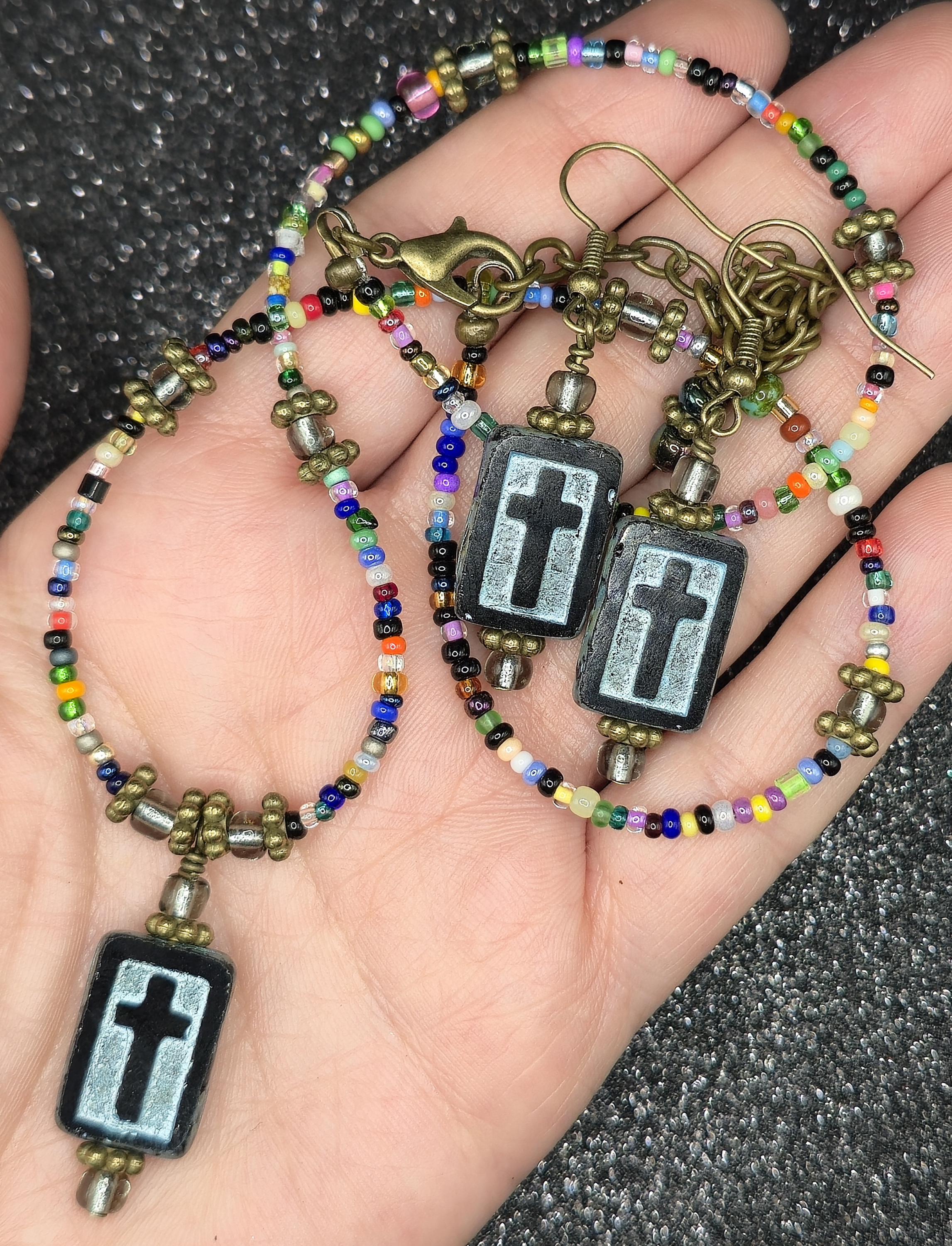 Bohemian Cross Jewelry Set, Colorful Necklace and Earring Set, Unique ...