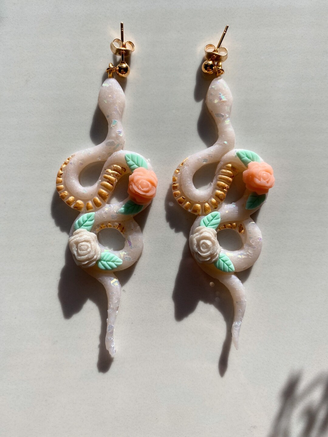 Opal and Rose Snake Earrings | Polymer Clay | Hypoallergenic ...