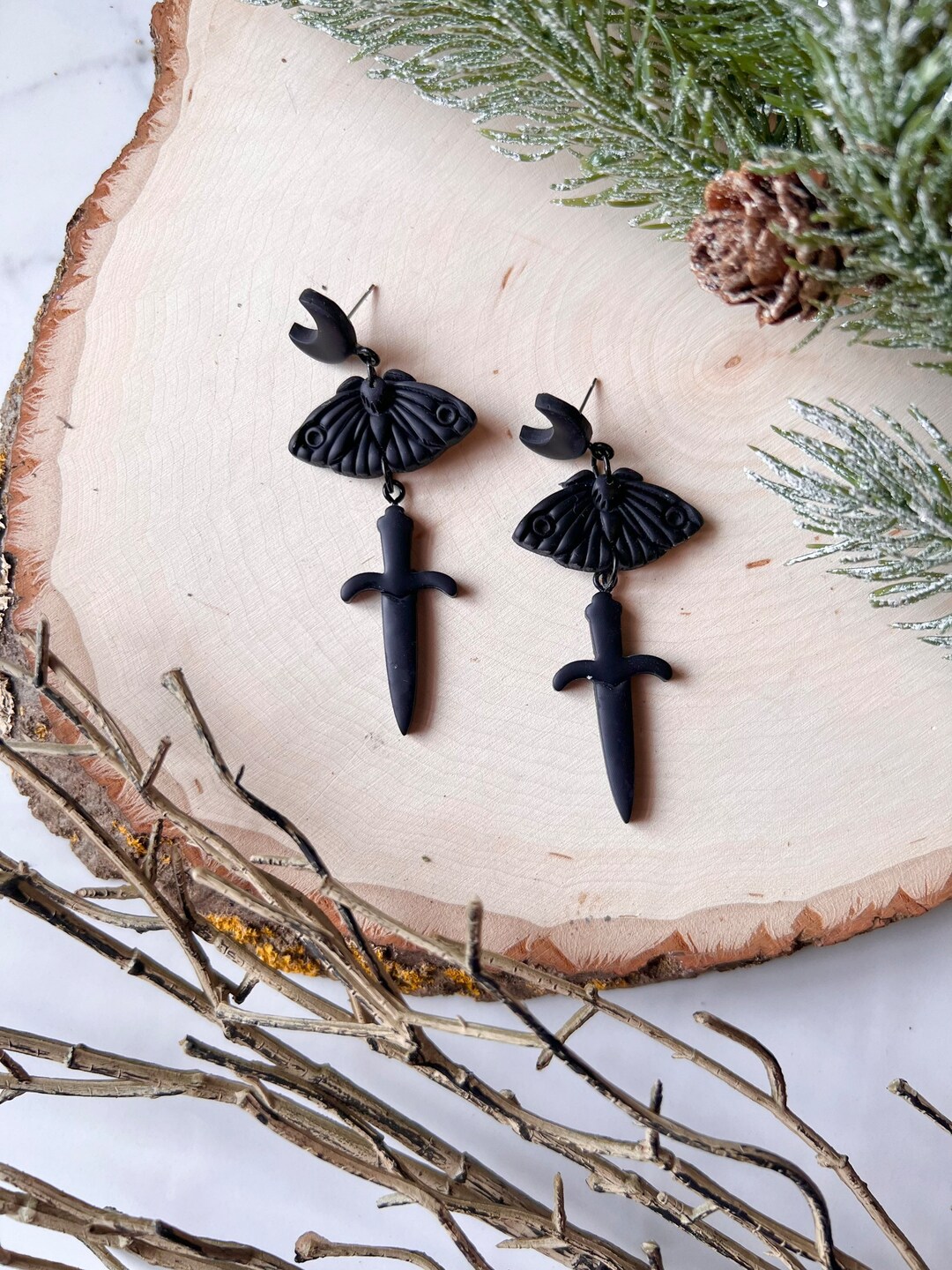 Moon Moth and Dagger Earrings | Goth Black | Tattoo | Polymer Clay ...