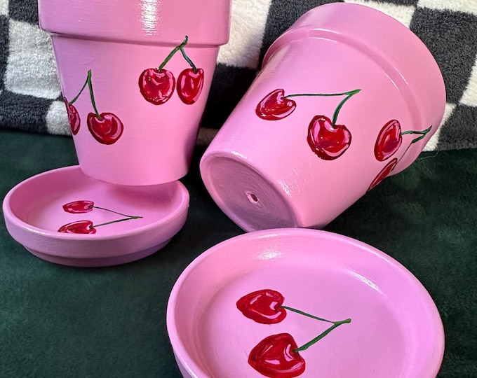 Cherry Painted Plant Pot - Cherry Painted Pot - Hand-painted Planter ...