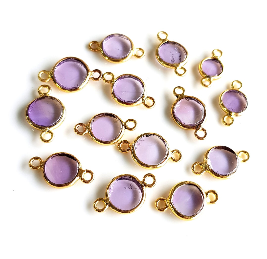 Natural Amethyst Smooth Coin Shape Gold Plated Connector ,silver Charm ...