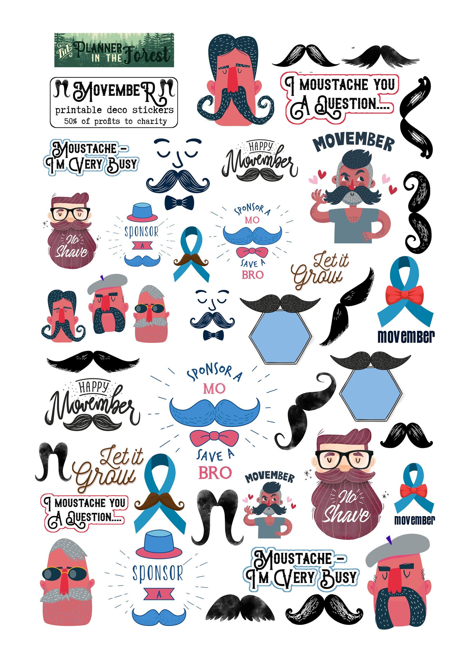 MOVEMBER Charity DIGITAL Printable Deco Planner BUJO Stickers November ...