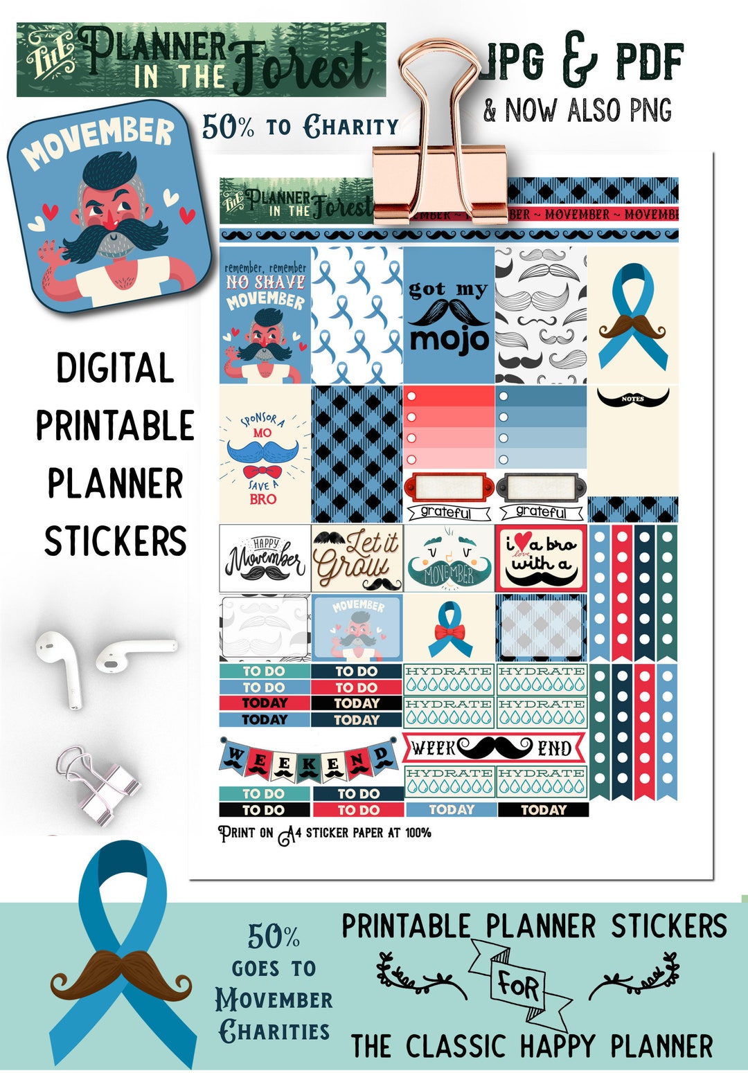 MOVEMBER ~ Printable Digital Planner Stickers for Charity ~ Classic ...