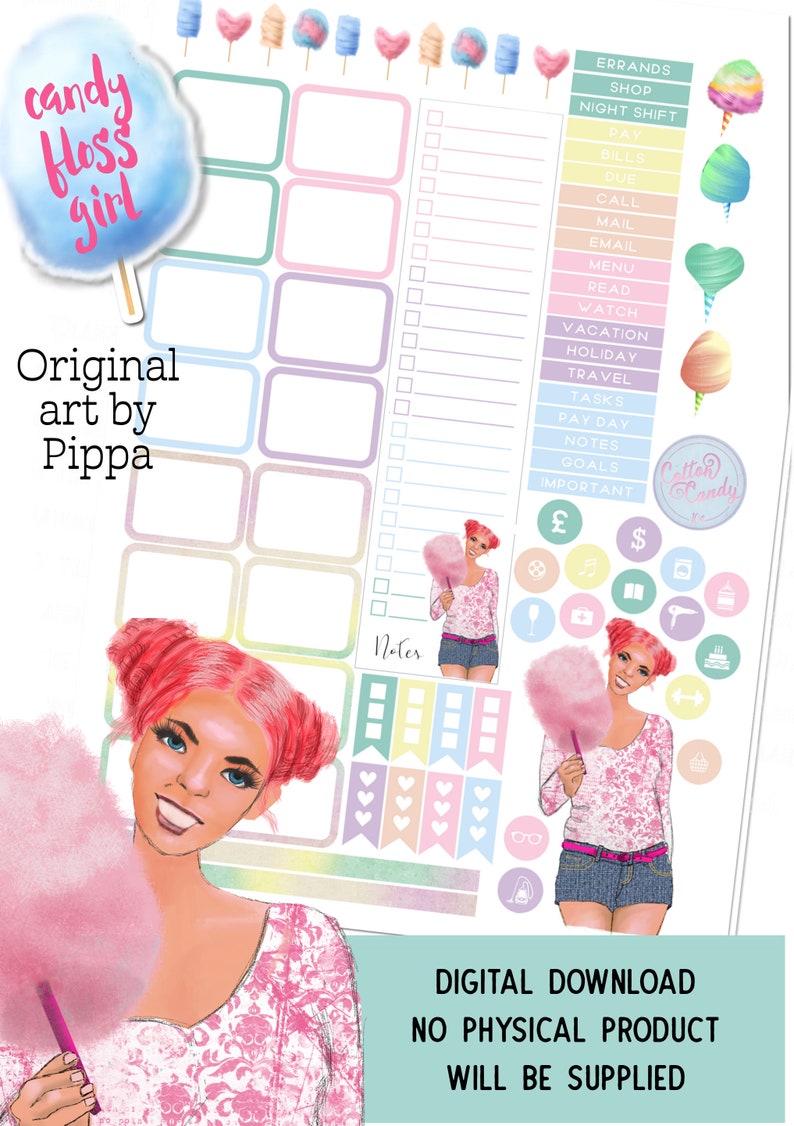 CANDY FLOSS GIRL ~ Printable Planner Stickers for Classic Happy Planner ...
