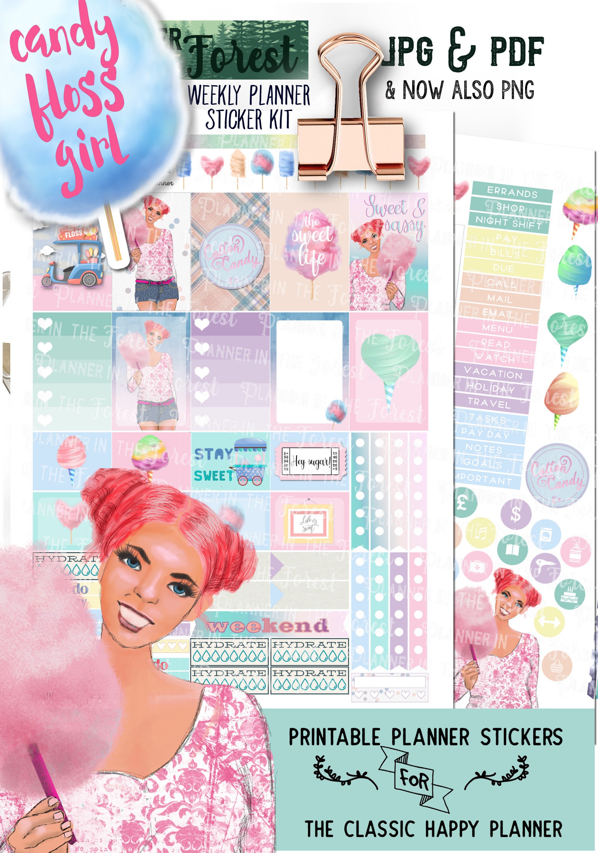 CANDY FLOSS GIRL ~ Printable Planner Stickers for Classic Happy Planner ...
