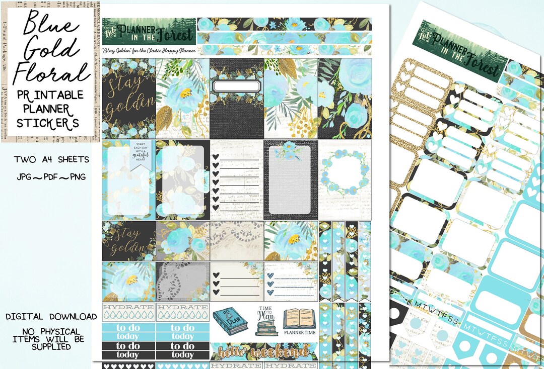 BLUE GOLD FLORAL Printable Planner Stickers for Classic - Etsy
