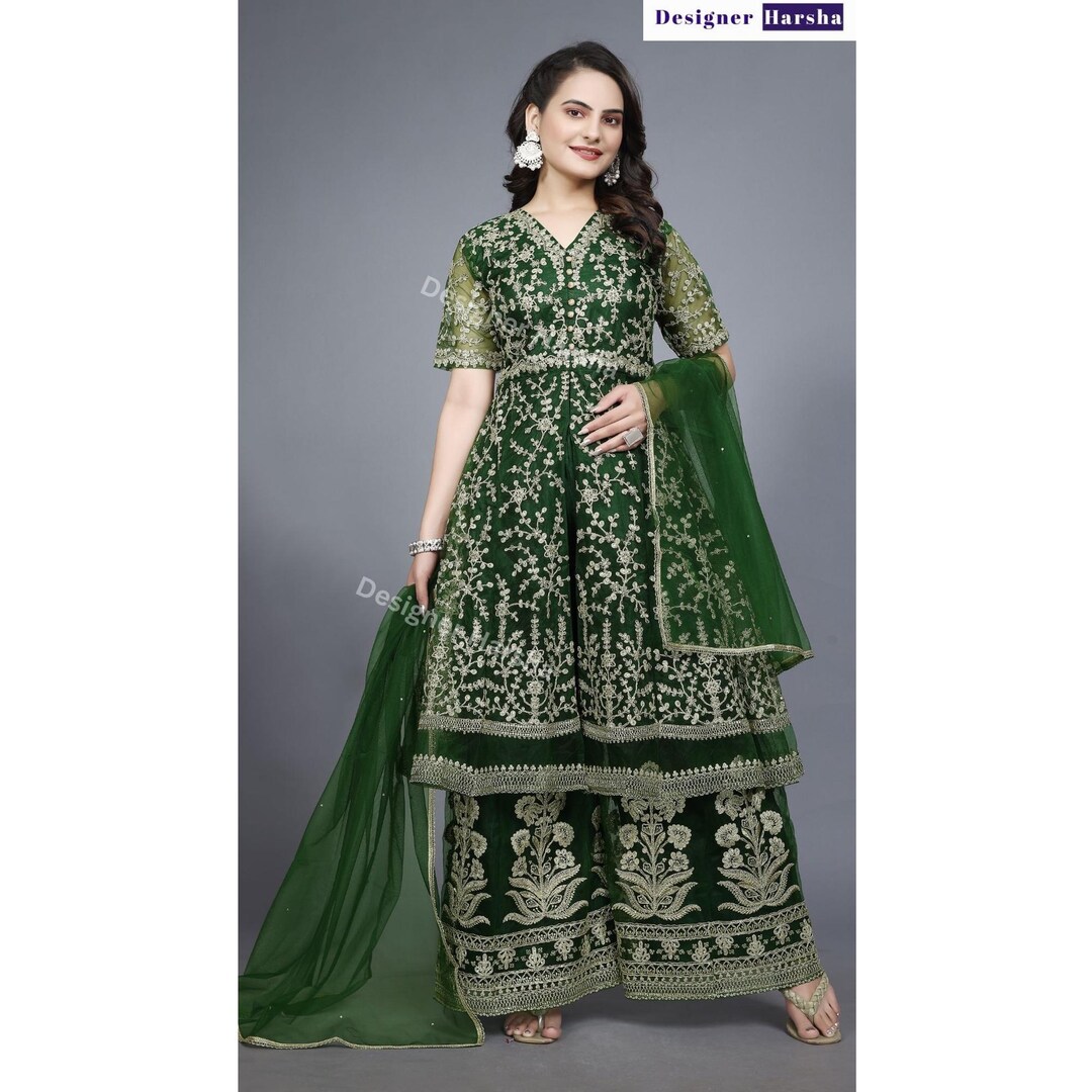 Pakistani Green Color Kurta Sharara Suit Designer Shalwar Kameez ...