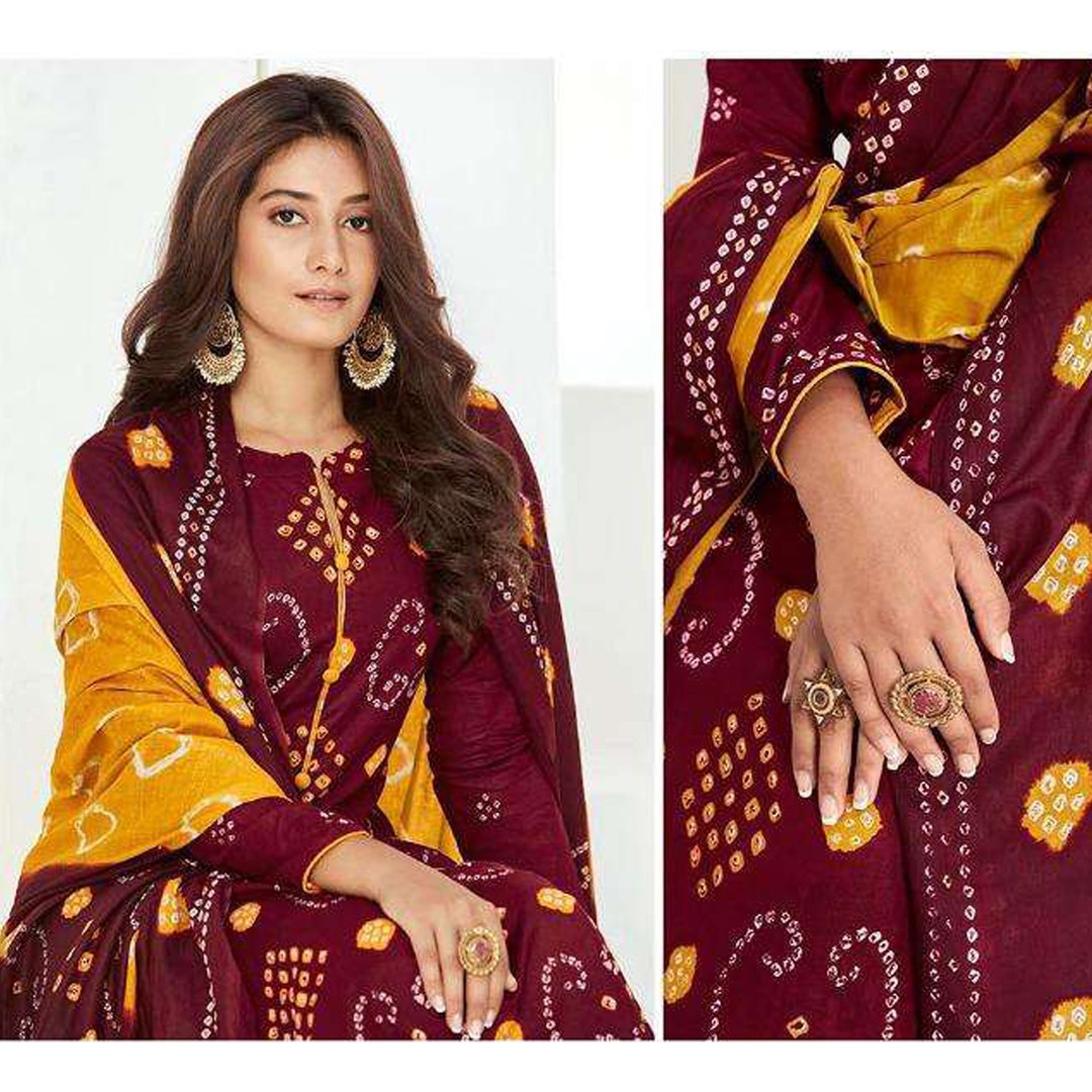 Plus Size Women's Wear Churidar Bandhani Shalwar Kameez Suit Printed ...