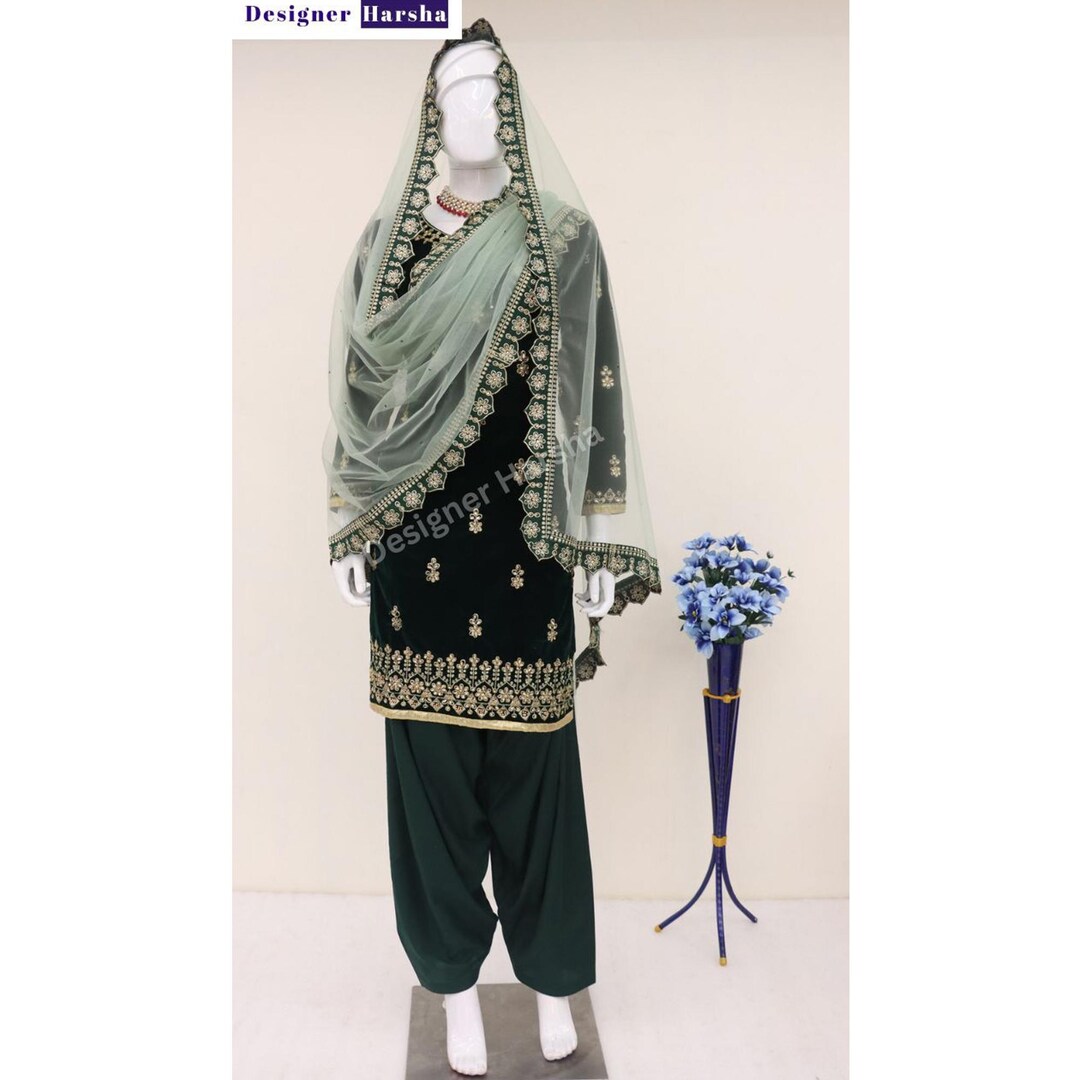 Green Color Punjabi Patiala Velvet Suit Pakistani Indian Women's Wear ...