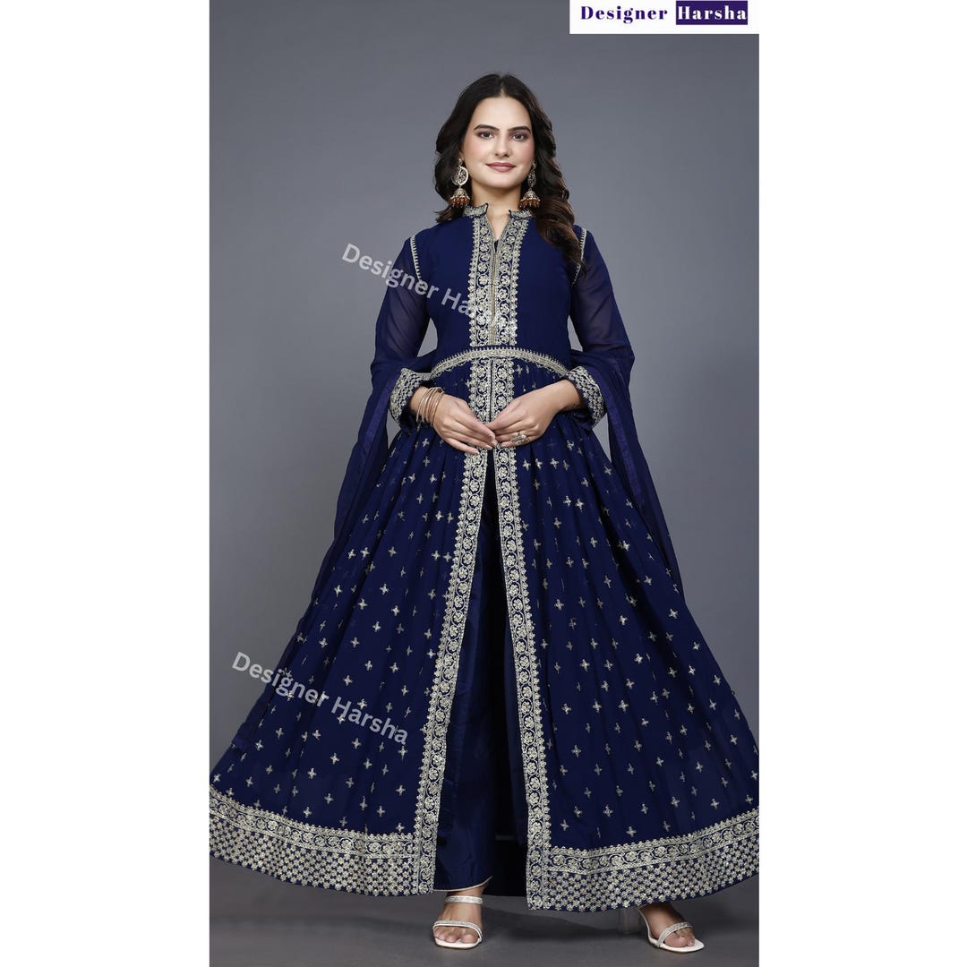 Slit Anarkali Gown Suit Heavy Embroidery Stone Work Pakistani Indian ...