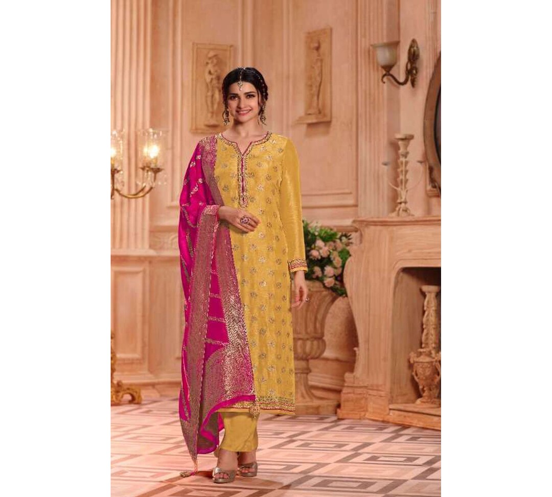 Wondrous Yellow Color Designer Shalwar Kameez Jacquard Dupatta Dress ...