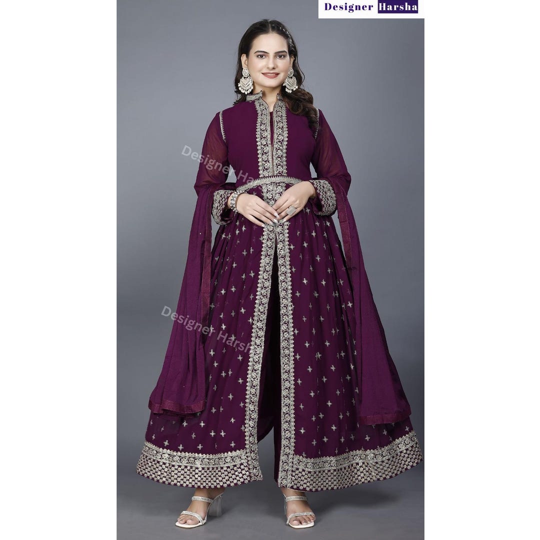 Gorgeous Purple Color Slit Anarkali Gown Suits Heavy Embroidery Stone ...