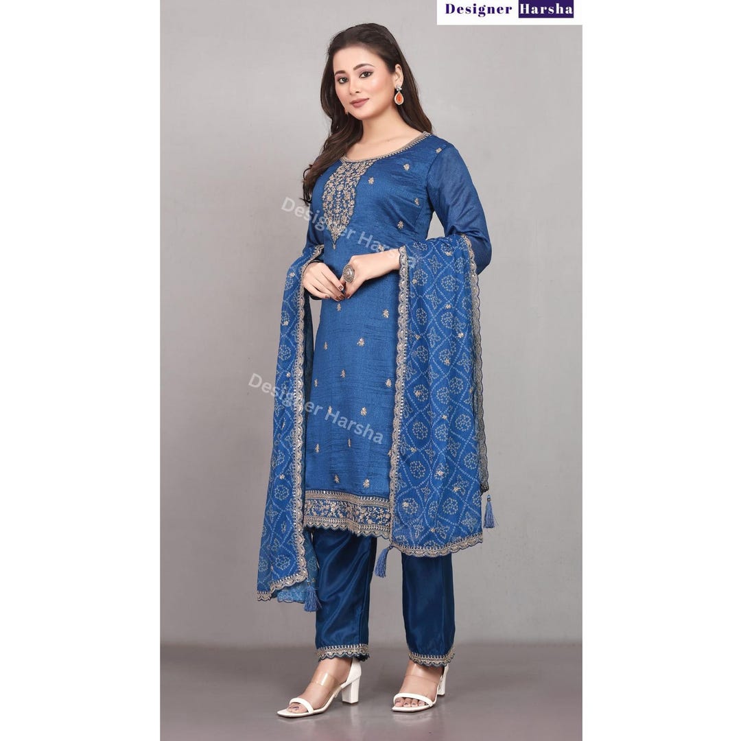 Designer Blue Shalwar Kameez Pant Suits Heavy Embroidery Worked ...