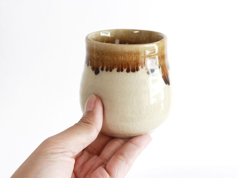 6oz, 180ml, Ceramic Tea Cup, Chubby Design, Brown Melted, Crazing ...