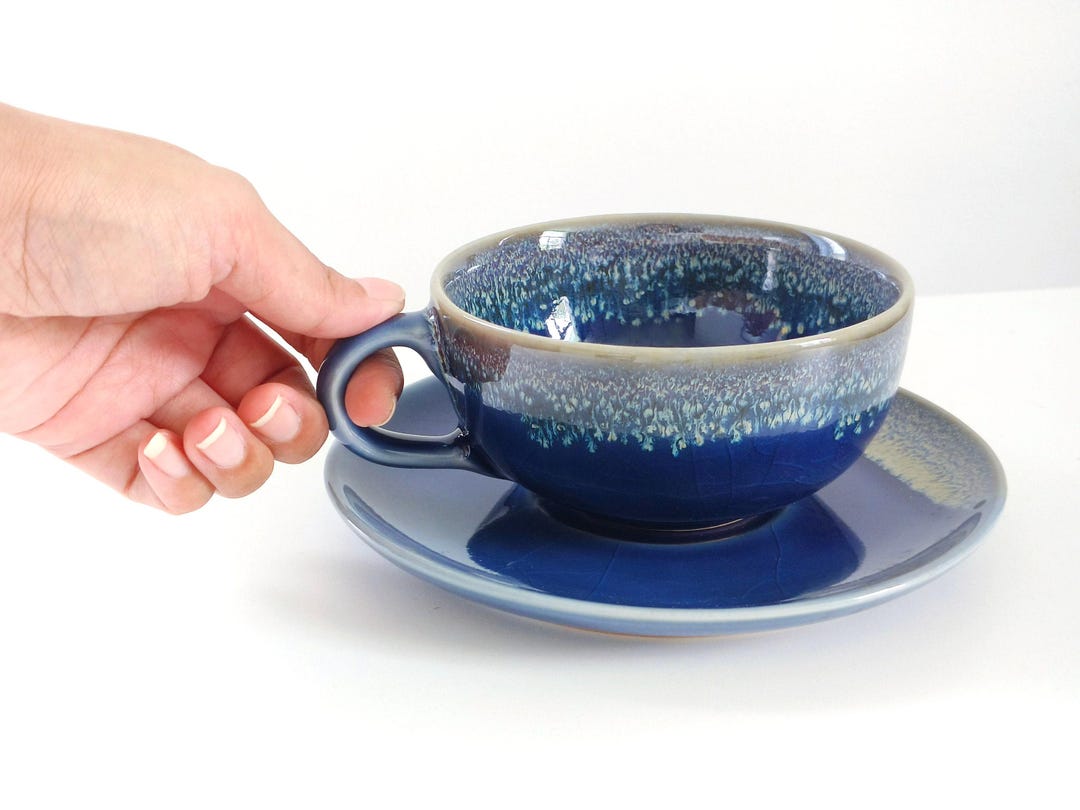 10oz, 300ml, Coffee Cup With Saucer, Navy, Crazing Technique - Etsy