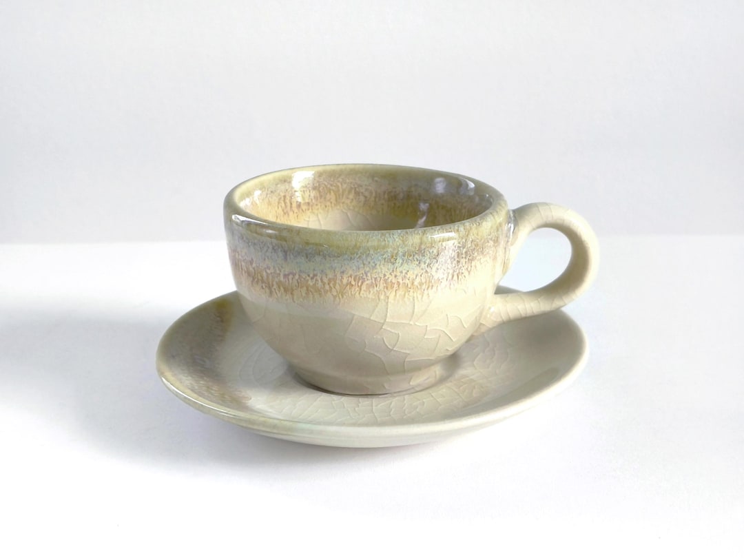 2.7oz, 80ml, Espresso Cup and Saucer, Gold Yellow, Crazing Technique ...