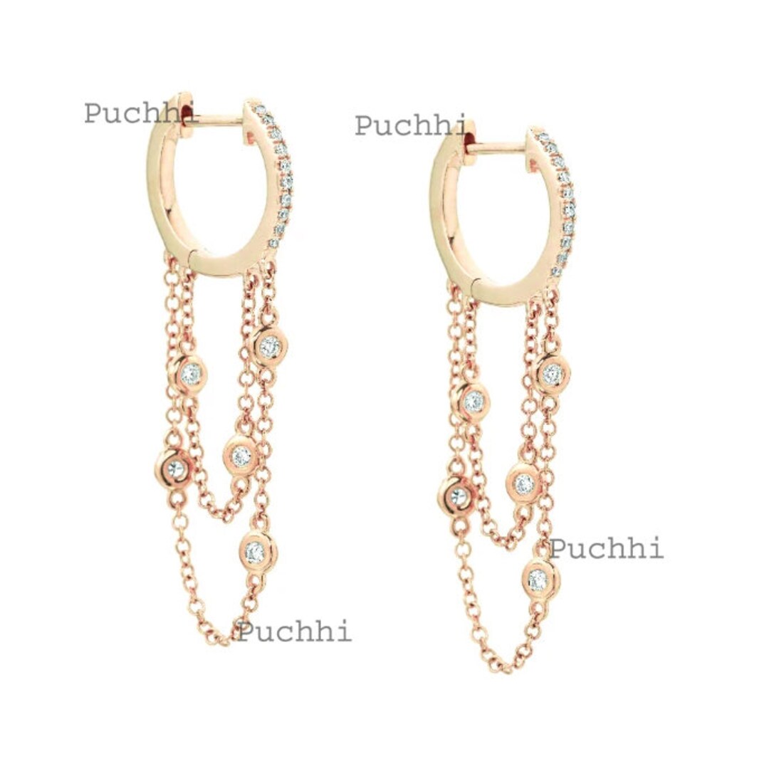 Diamond Double Chain Drop Hoop Earrings: 14K Yellow Gold, Handmade - Etsy