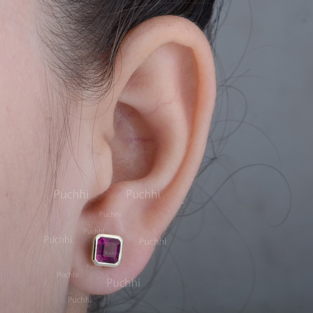 Princess Cut Genuine Ruby Earrings Solid 14K Yellow Gold Mini - Etsy