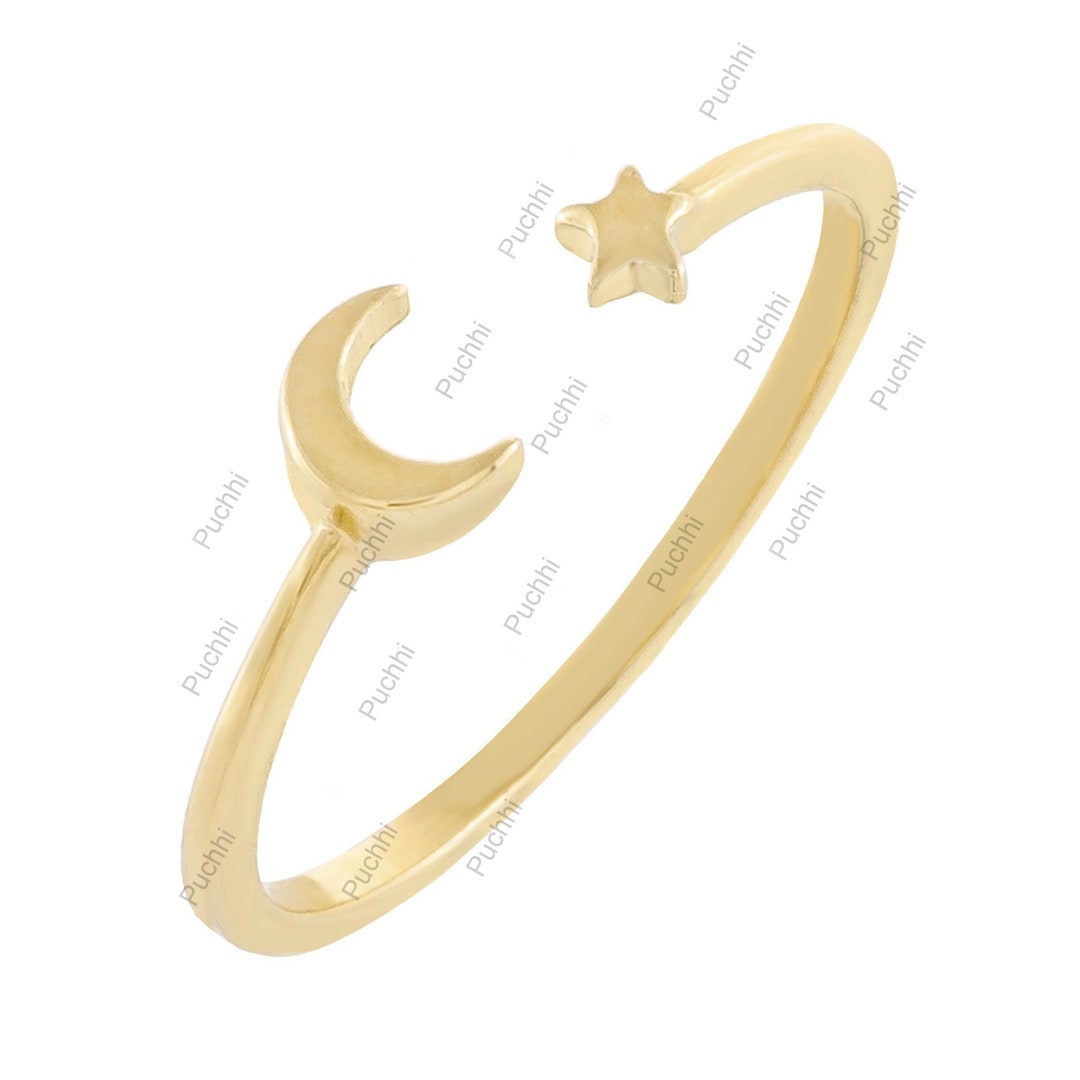 14K Solid Gold Moon & Star Ring: Adjustable Celestial Jewelry - Etsy