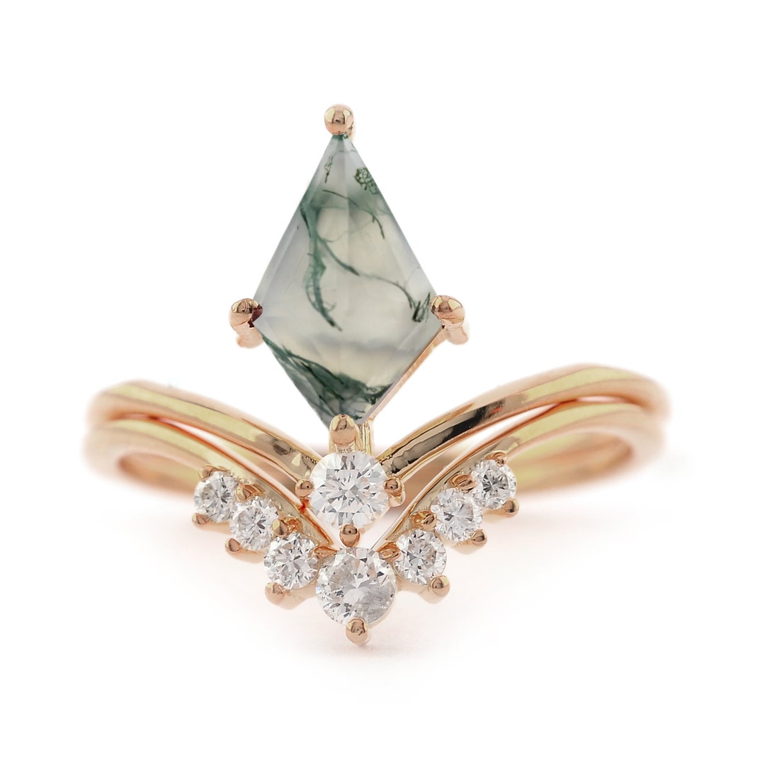 Genuine Kite Cut Moss Agate Diamond Crown Band Set of Two in Solid Ring ...