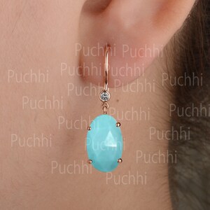 Rose Cut Oval Arizona Turquoise Diamond Earrings, 14K Solid Yellow Gold ...