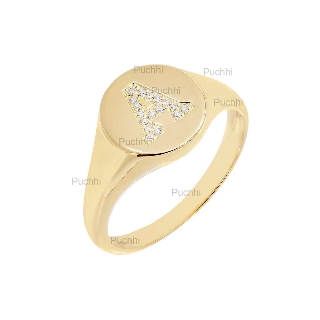 14K Gold Natural Diamond Round Signet Initial Ring Alphabet Letter Ring ...