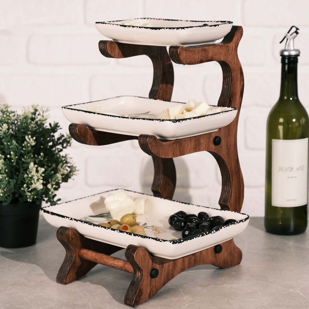 Rustic Ceramic Serving Set, 3-tier Plates With Wooden Rack, Appetizer ...