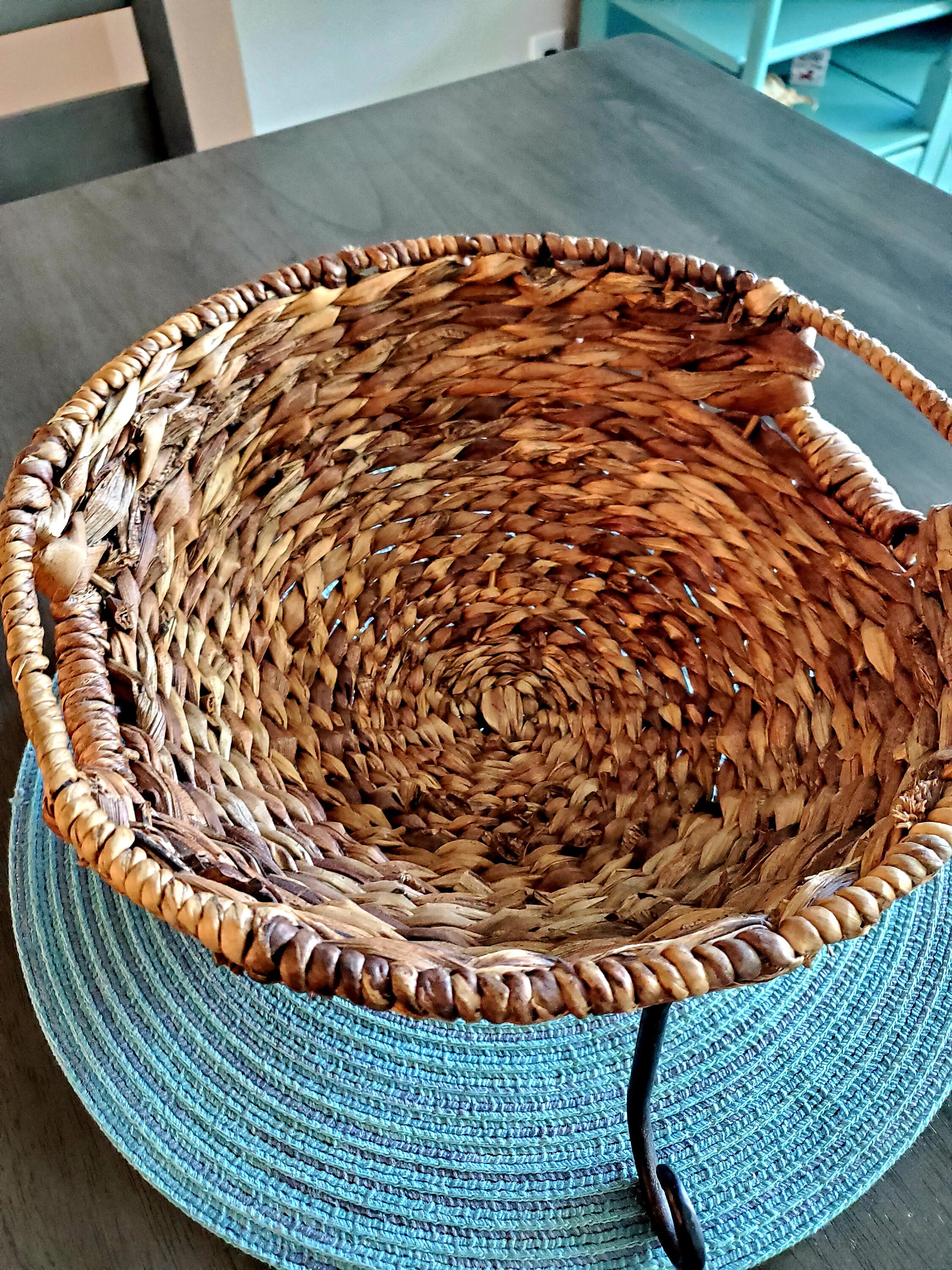 Vintage Wicker Rattan Bowl With Wrought Iron Base - Etsy
