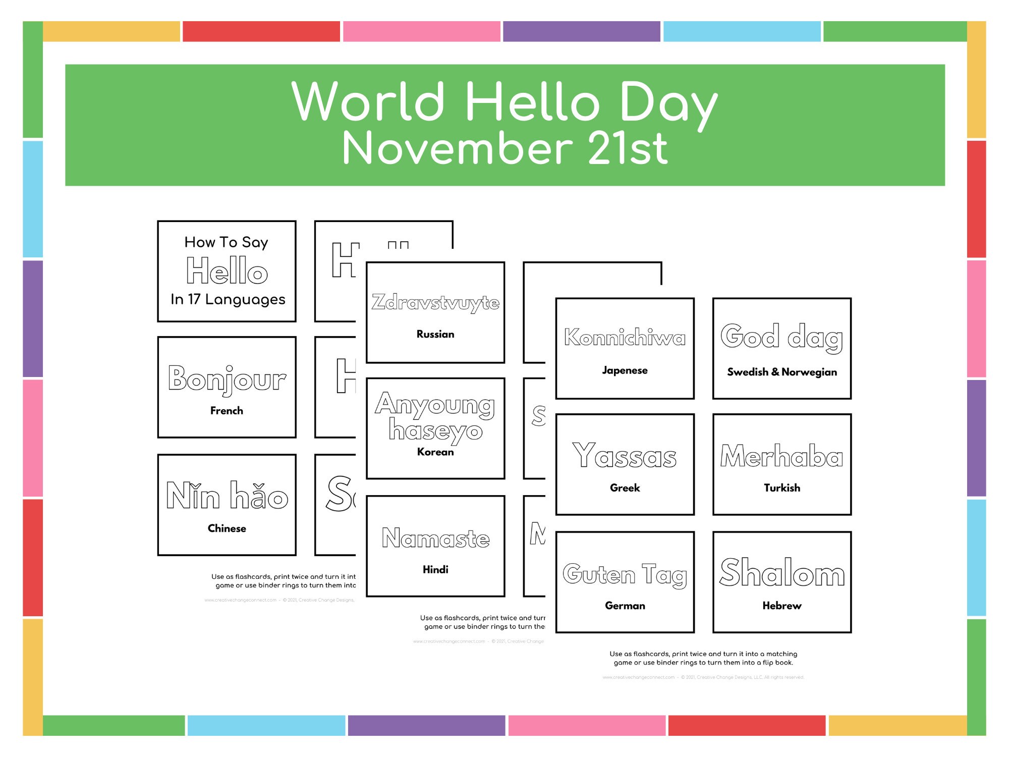 World Hello Day - Educational Flashcards - Coloring Pages - Learning ...