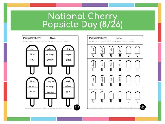 National Cherry Popsicle Day Worksheet - Etsy