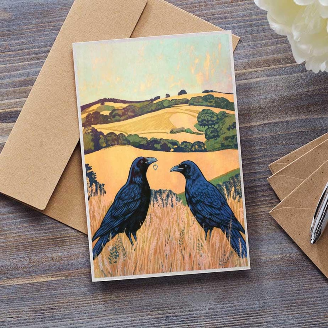 Two Crows Blank Greetings Card: Rural Landscape With Corn Fields and ...